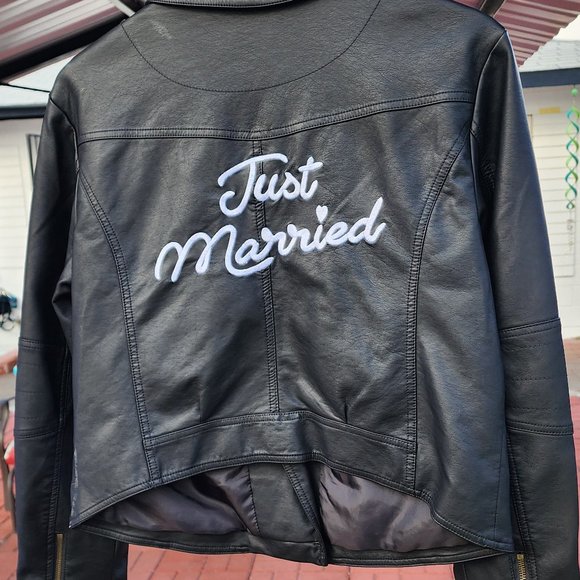 Jackets & Coats | Vegan Black Leather Moto Jacket With Just Married On ...